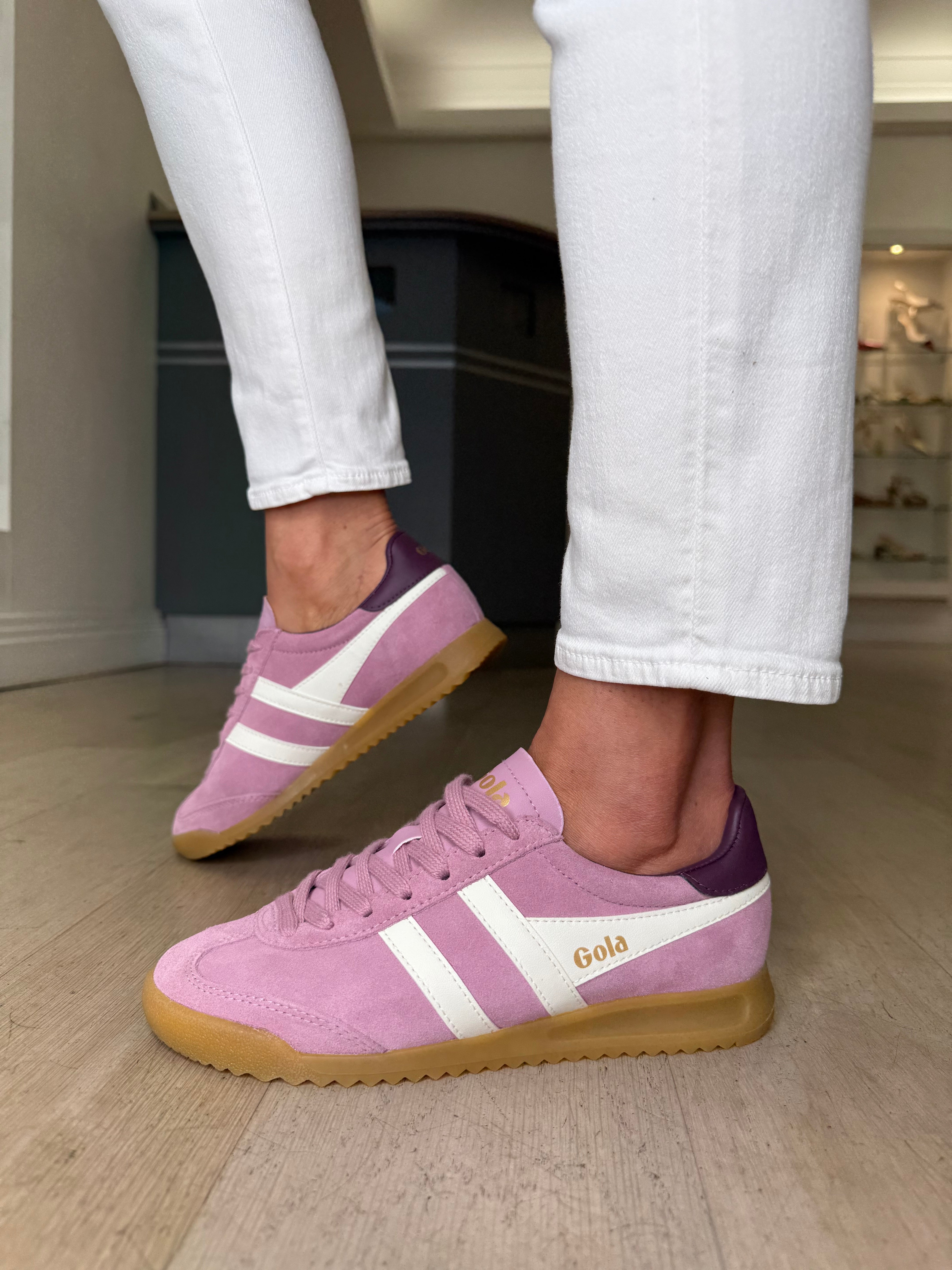 Gola - Torpedo Candy Pink Suede Trainer With White & Dark Wine Trim ...